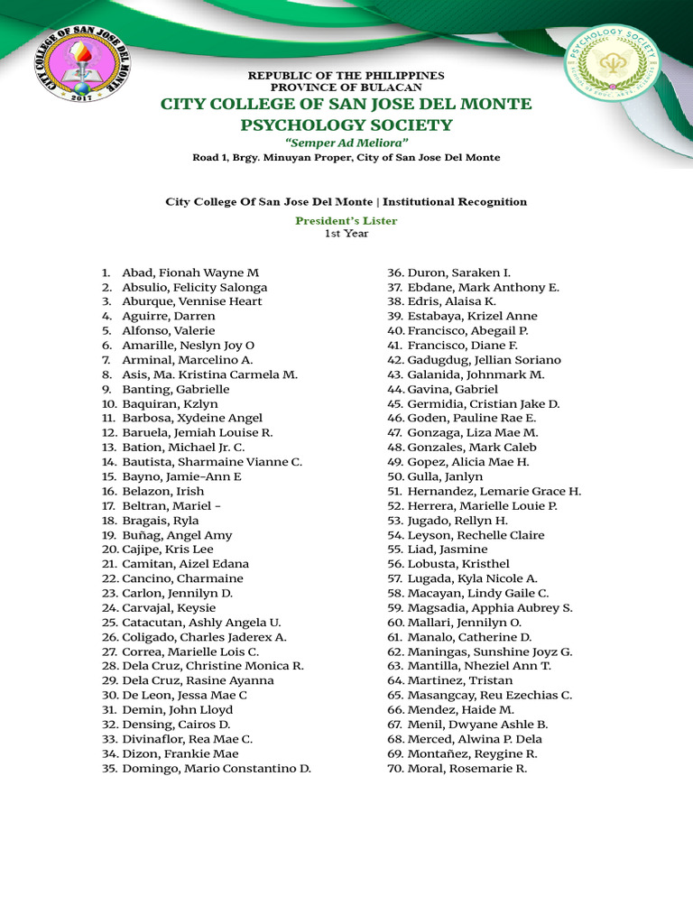 1st Year Academic Honors List | PDF