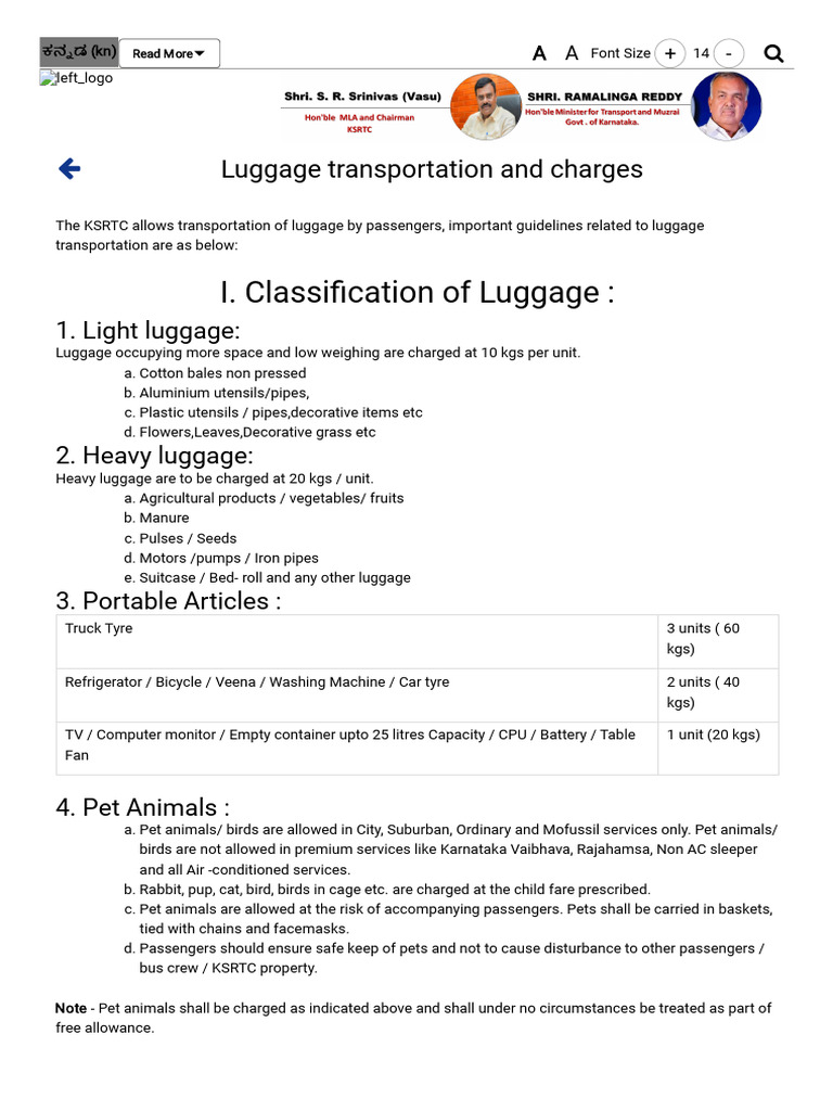 Karnataka SRTC_Luggage Transportation and Charges | PDF | Baggage