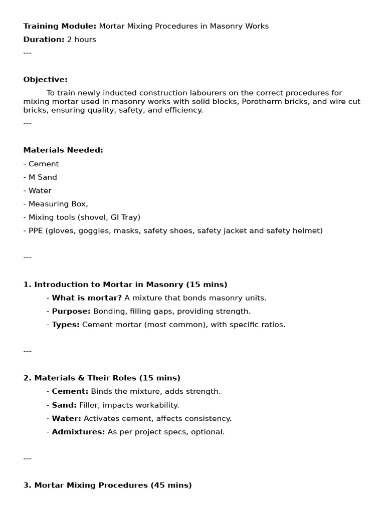2. Training Module Topic - Mixing Mortar Procedures | PDF | Mortar (Masonry) | Masonry