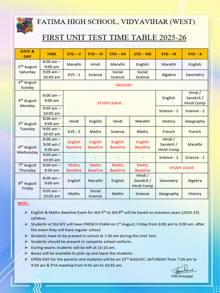 First Unit Test Time Table | PDF