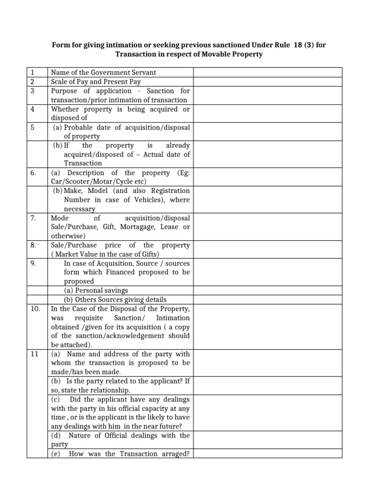 FORM for intimation of immovable property purchased by a govt employee to the higher authority ...