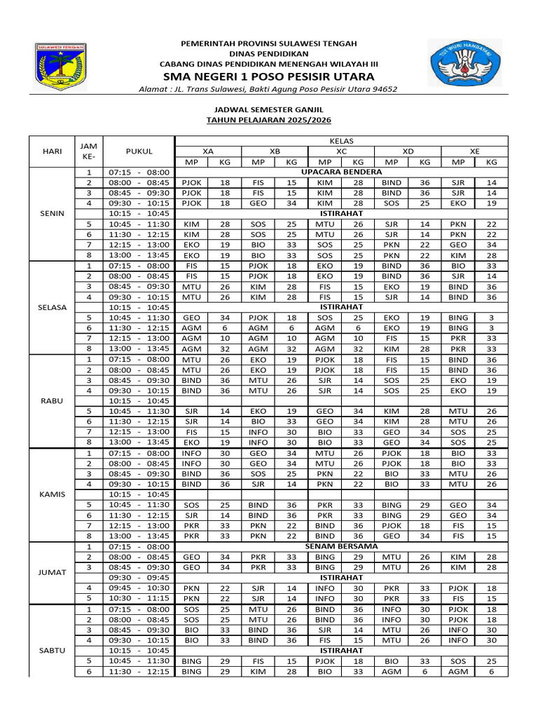 Jadwal Pelajaran Semester Ganjil TP. 2025-2026 | PDF