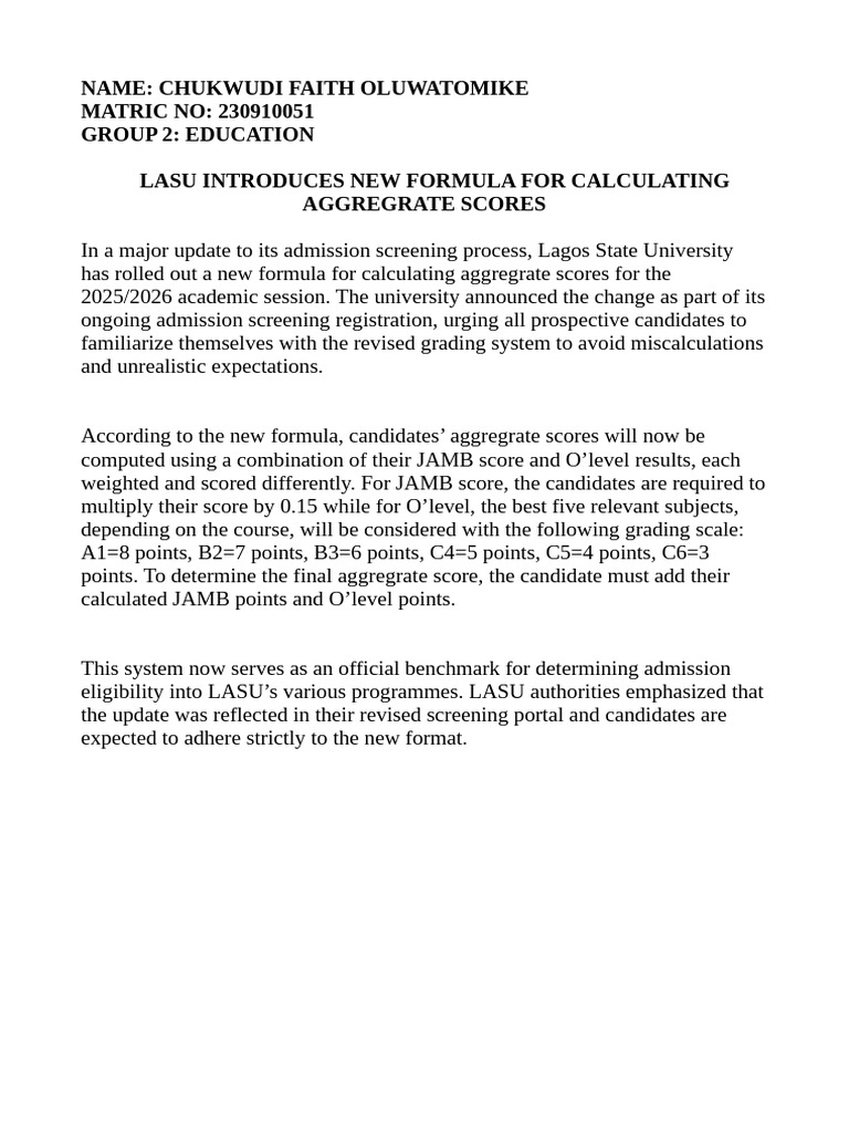 Chukwudi Faith Oluwatomike 230910051 Education | PDF