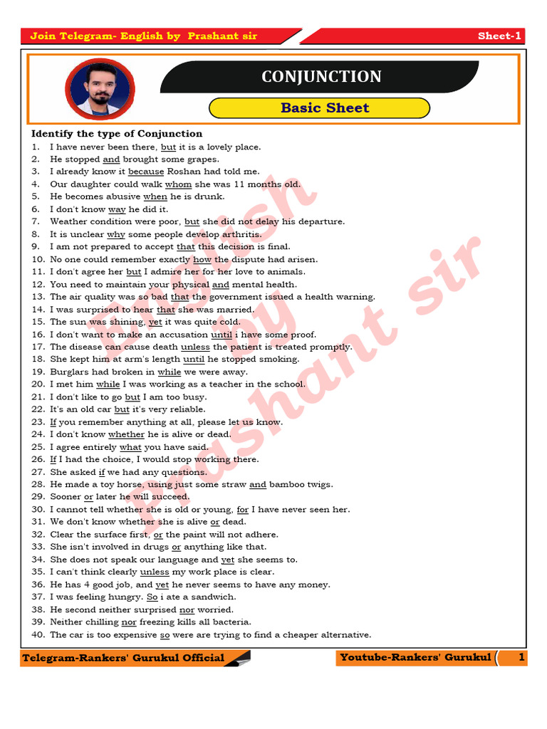Conjunction Practice Sheet 01 | PDF