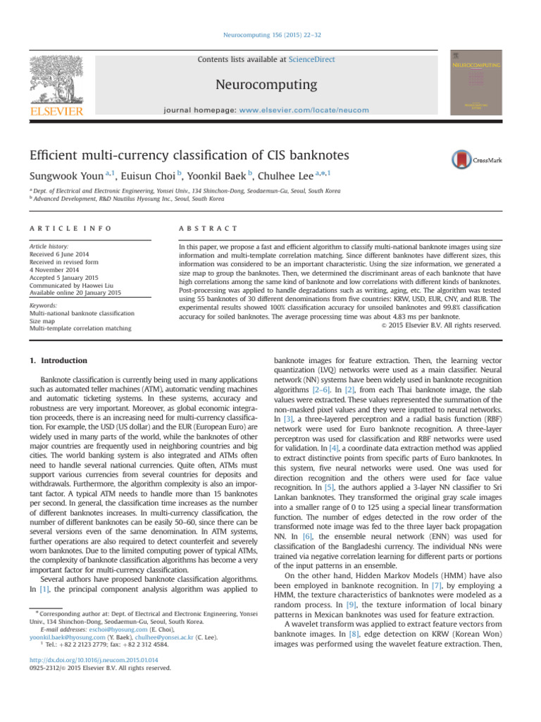 Efficient Multi-Currencyclassification of CIS Banknotes | PDF ...