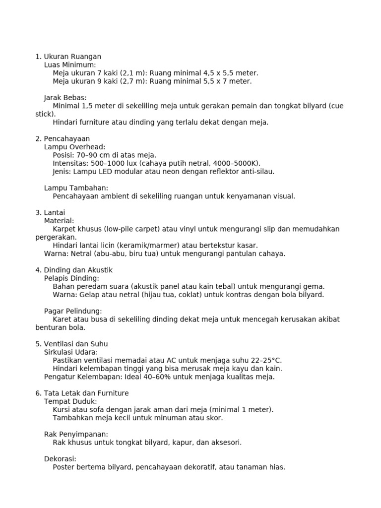 Persyaratan Desain Ruang Bilyard | PDF