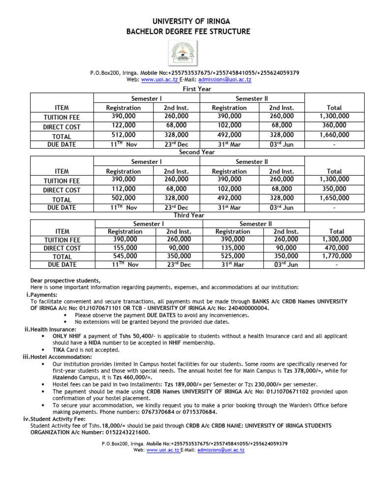 University of Iringa Fee Structure | PDF | Payments | Services (Economics)