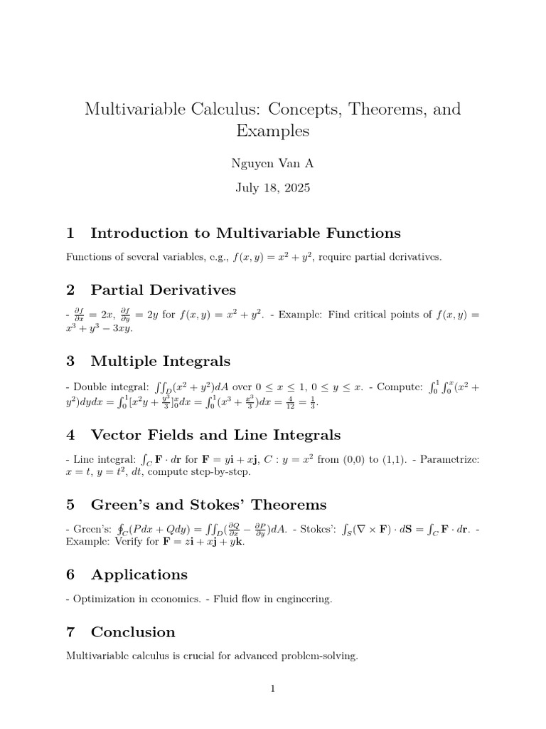 Multivariable Calculus: Concepts, Theorems, and Examples: 1 Introduction To Multivariable ...