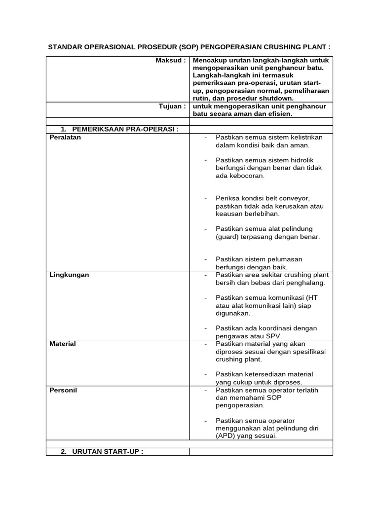 SOP Pengoperasian Crushing Plant | PDF