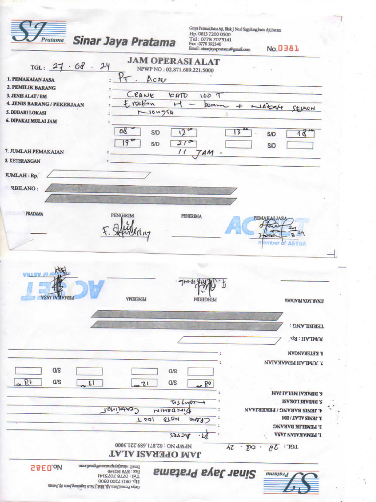 Original Timesheet Crane 100 T PT Acset Perpanjangan | PDF