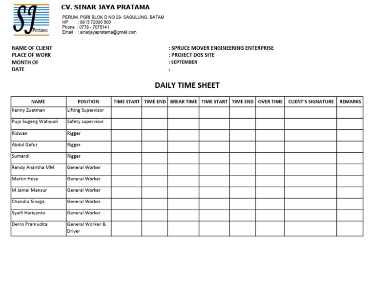 Daily Time Sheet for Spruce Mover Engineering | PDF