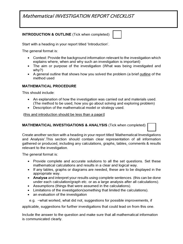 Mathematical INVESTIGATION REPORT CHECKLIST | PDF | Analysis | Mathematics