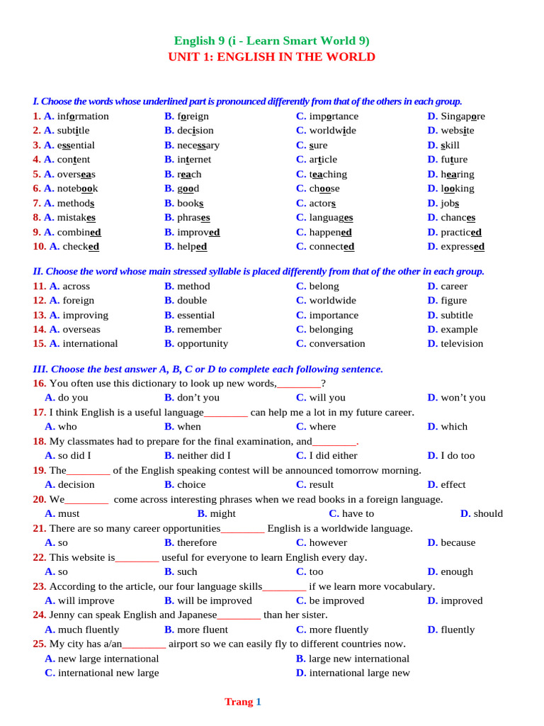 Bai Tap Bo Tro Anh 9 I Learn Smart World Unit 1 | PDF | English Language | Accent (Sociolinguistics)