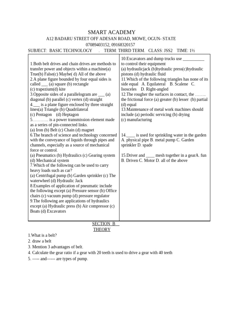 Basic Technology Jss 1 3rd Term Smart Academy | PDF | Rectangle | Mechanical Engineering