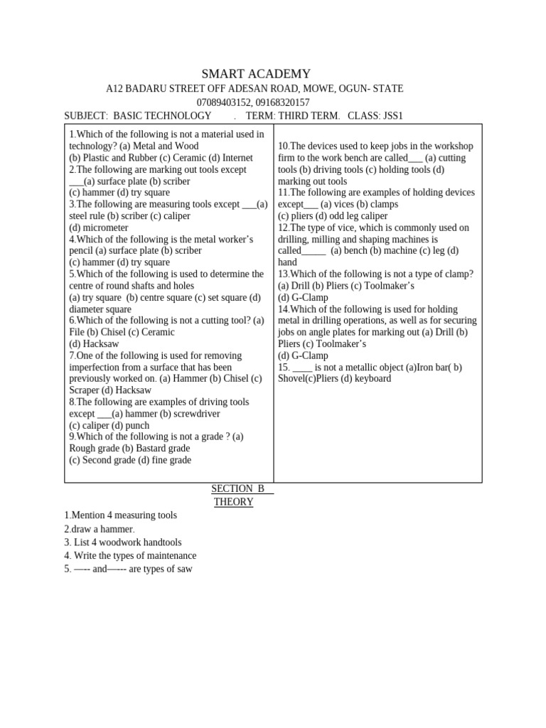 Btech Jss 1 3rd Term Smart Academy | PDF | Tools | Metalworking