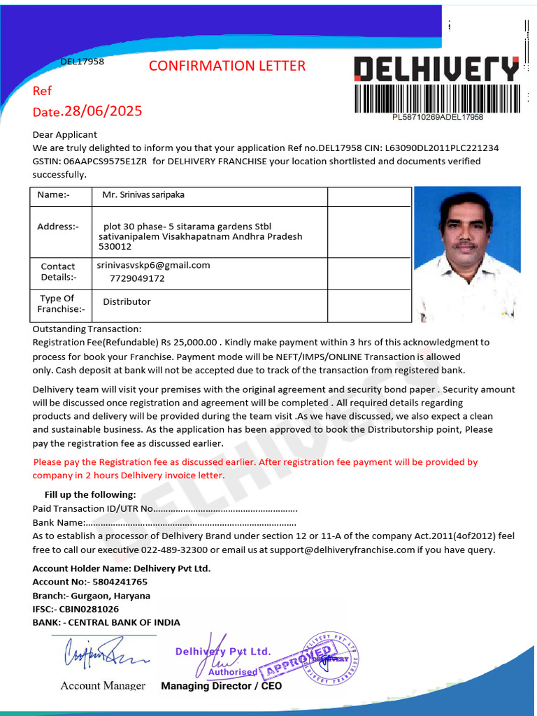 Mr. Srinivas Saripaka Confirmation Letter PDF | PDF