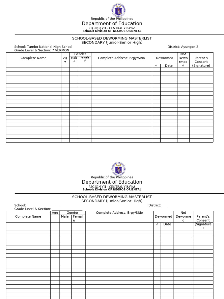 DEWORMING Masterlist For Secondary | PDF
