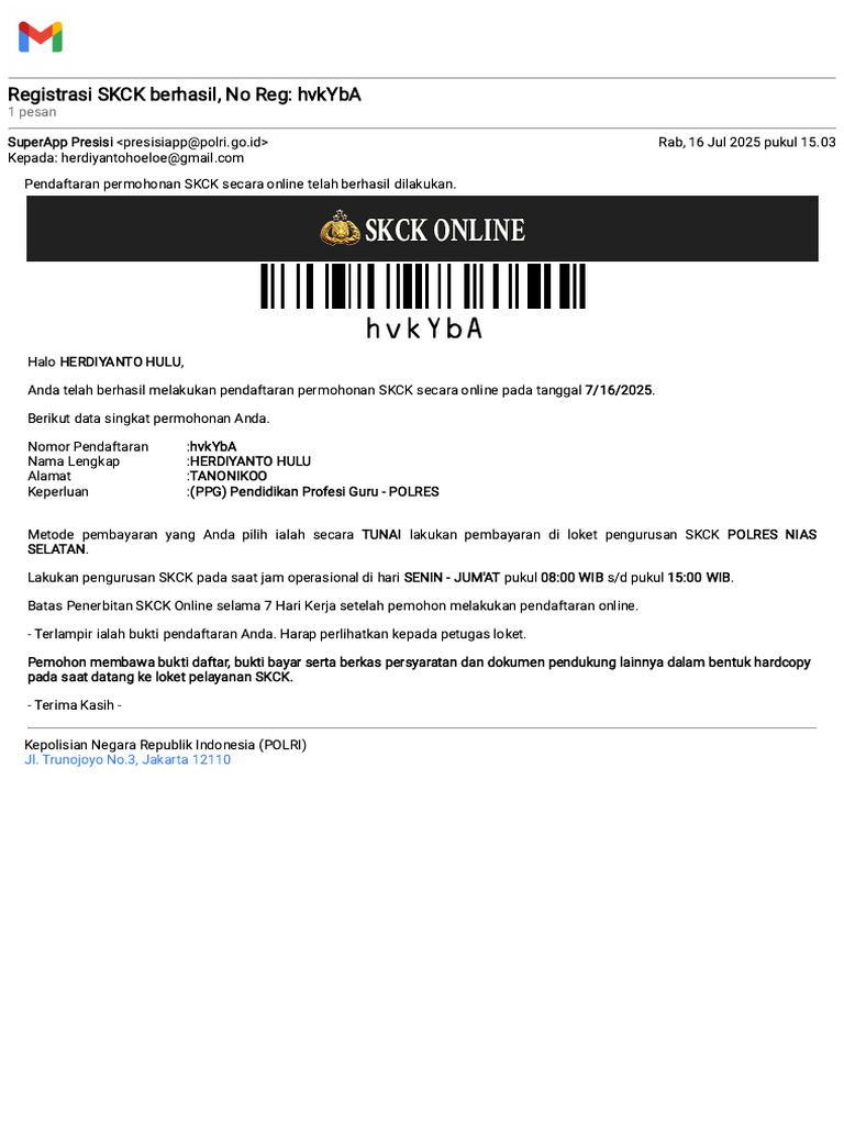 Gmail - Registrasi SKCK Berhasil, No Reg - HvkYbA | PDF
