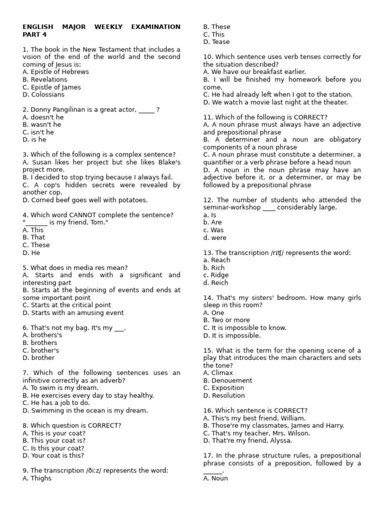 English Major 4 (40 Items) - 1 | PDF | Verb | Adjective