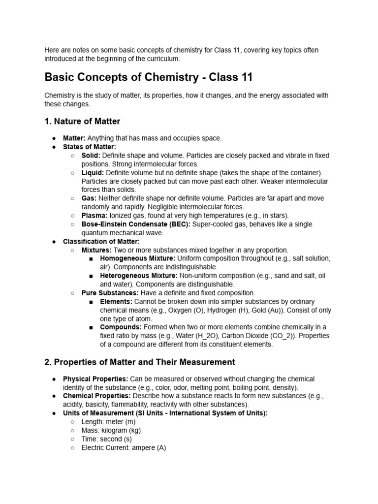 Basic Chemistry Concepts for Class 11 | PDF | Mole (Unit) | Stoichiometry