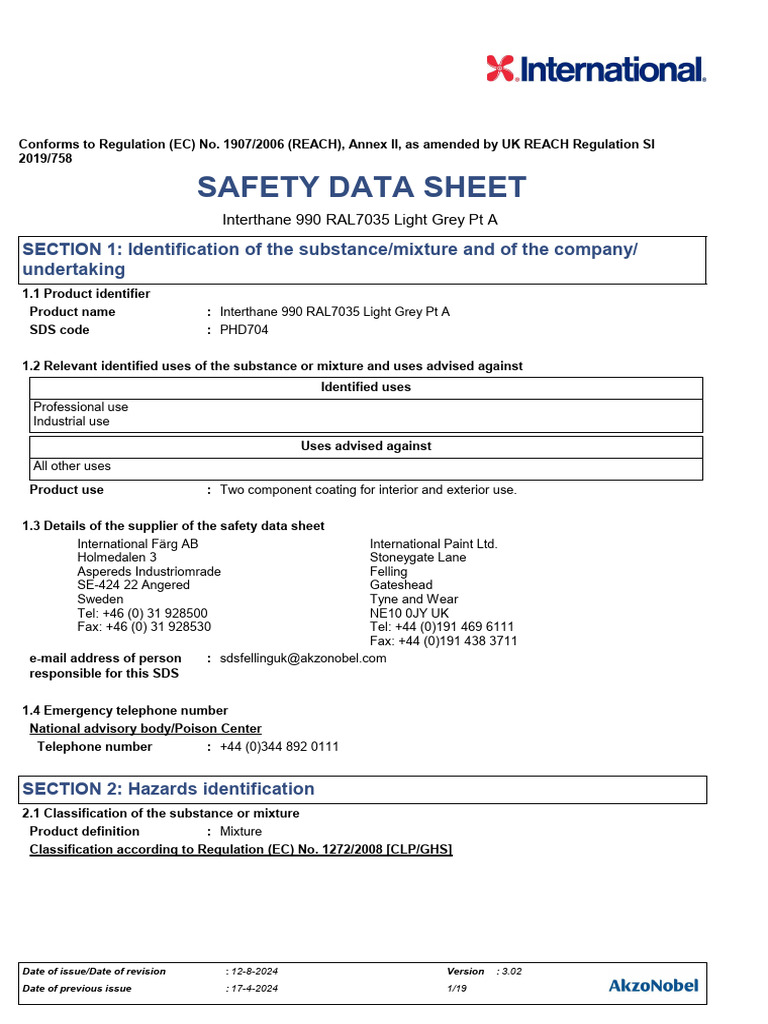 International Interthane 990 SDS A RAL7035 Promain 12-08-2024 | PDF ...