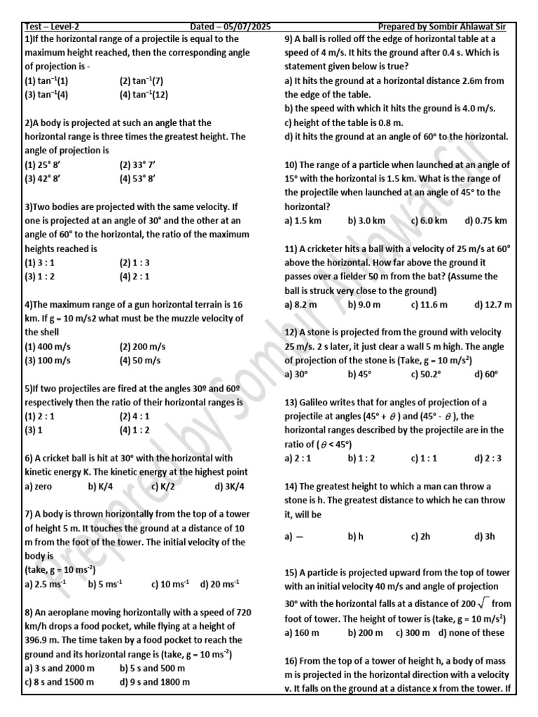 Projectile Motion Test Questions | PDF | Projectiles | Flight