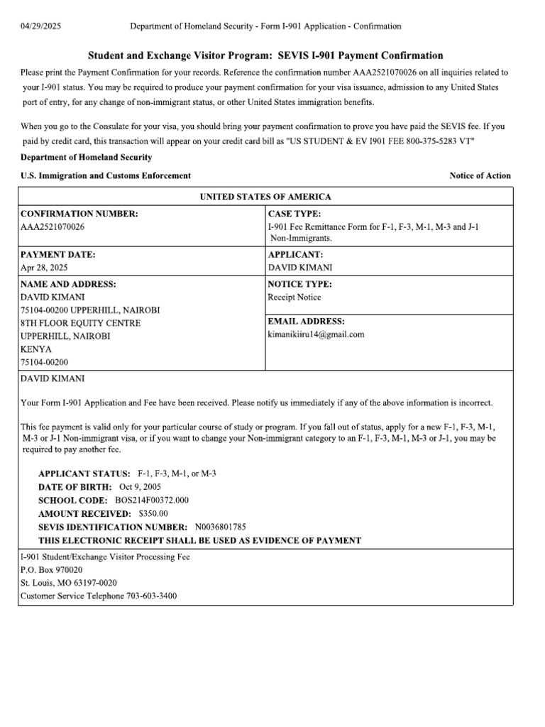 Sevis I-109 Payment Slip | PDF