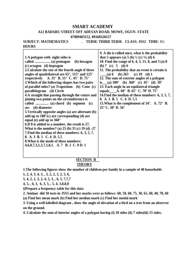 Mathematics Jss 2 3rd Term Smart Academy | PDF | Circle | Geometry