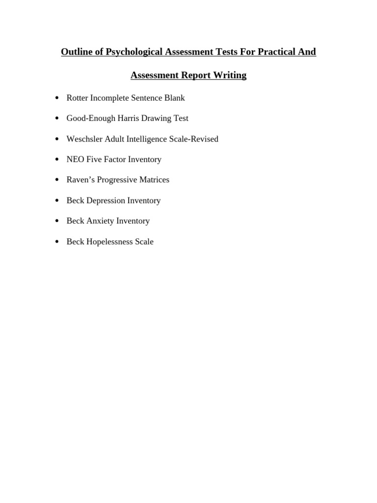 Outline of Psychological Assessment Tests For Practical and Assessment ...