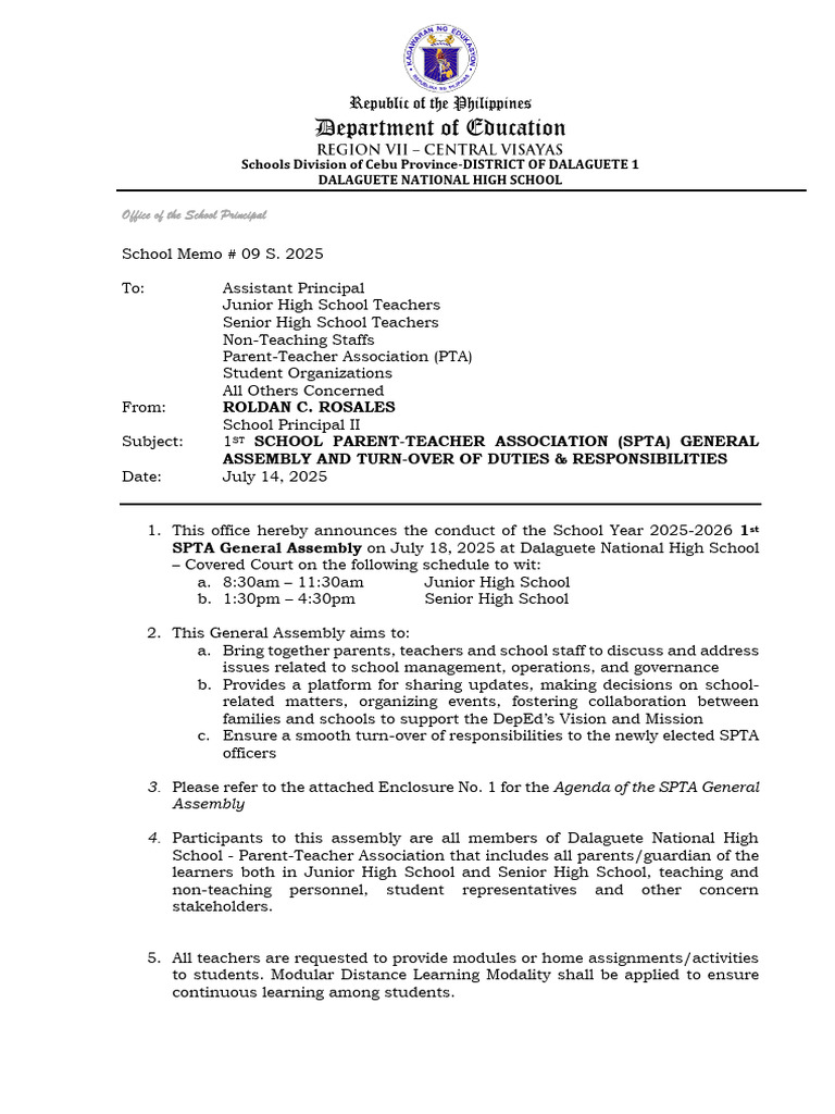 School Memo No. 9 S. 2025 1st General Spta Assembly | PDF | Educational ...