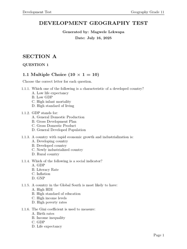 Grade 11 Development Geography Test | PDF | Developing Country | Gross ...