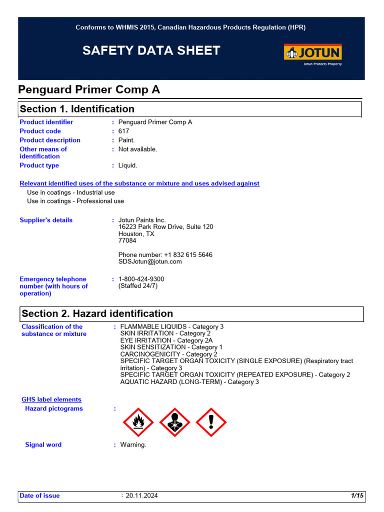 Penguard Primer Comp A Safety Data Sheet | PDF | Toxicity | First Aid