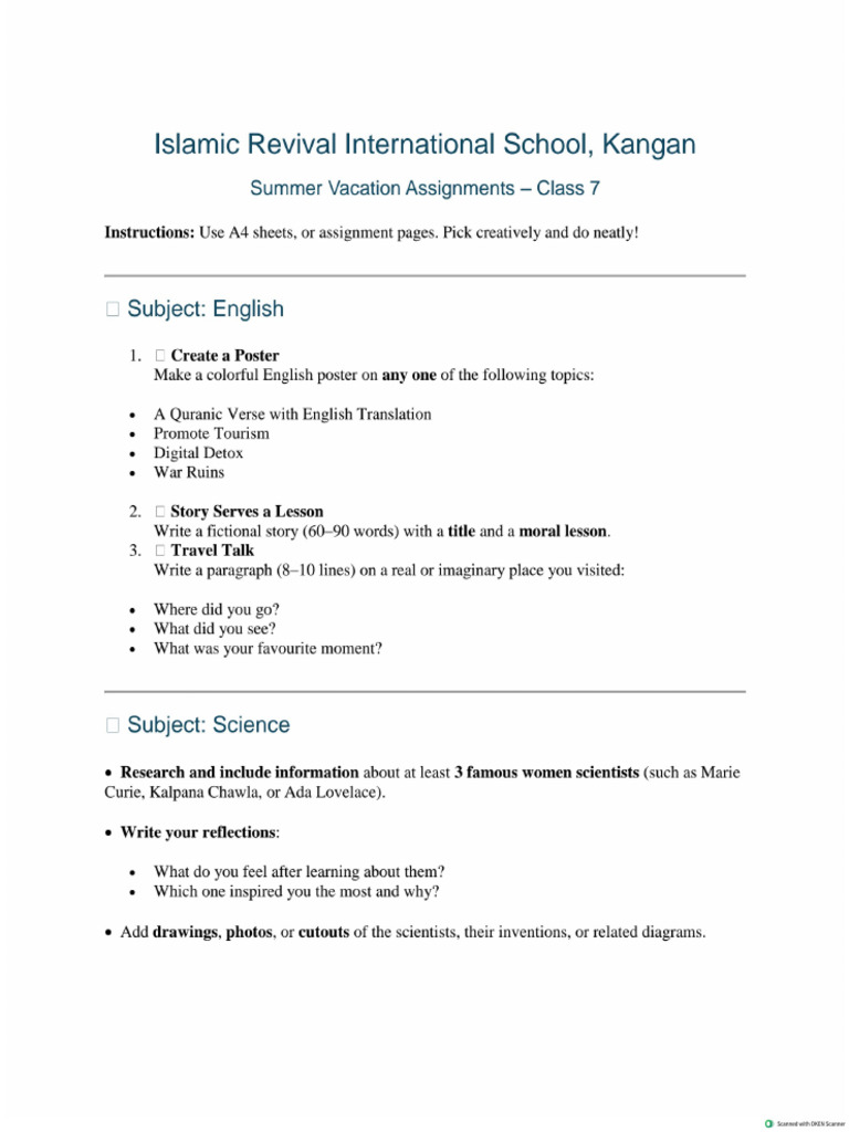 Class 7th Summer - Assignment | PDF