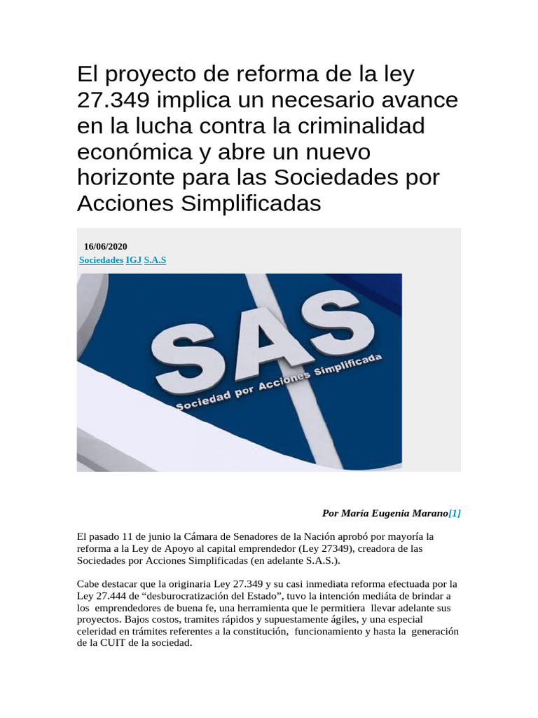 El Proyecto de Reforma de La Ley 27.349 Que Debilita A La SAS | PDF | Iniciativa empresarial ...