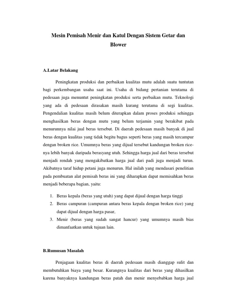 Proposal Mesin Pemisah Menir Dan Katul Dengan Sistem Getar Dan Blower | PDF