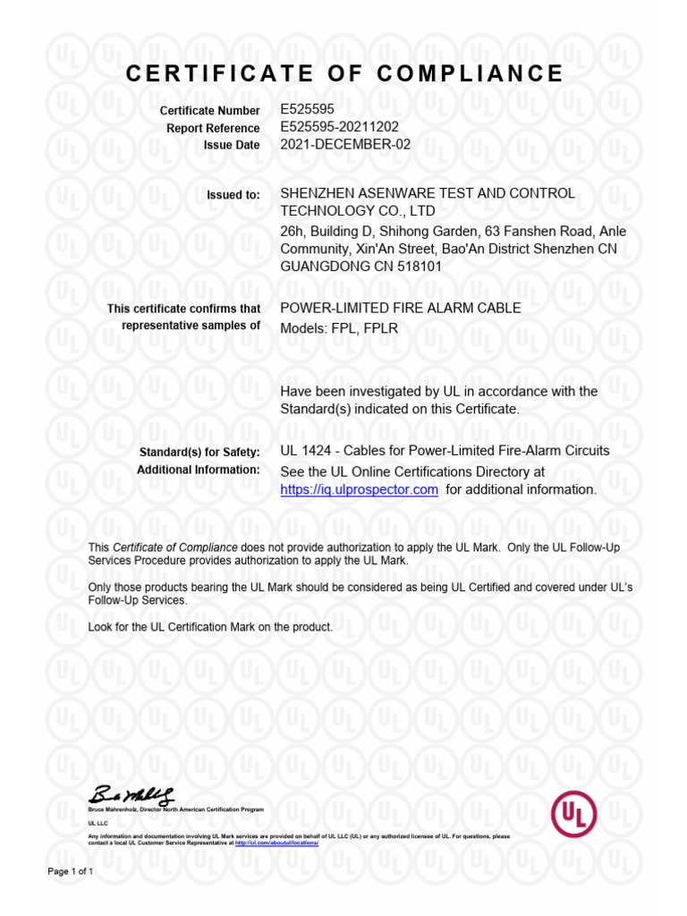 ASENWARE Fire Proof Cable UL Certificate | PDF | Safety