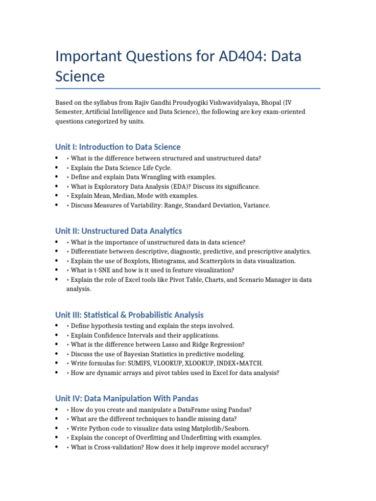 AD404 Data Science Exam Questions | PDF | Data Analysis | Statistics