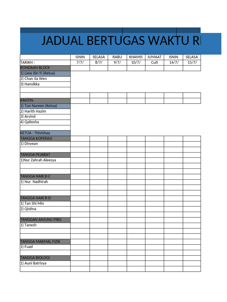 Pengawas Jadual Tugasan Waktu Rehat | PDF
