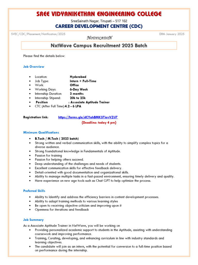 NxtWave - Campus Hiring - 2025 - Batch - Notification - Engineering ...