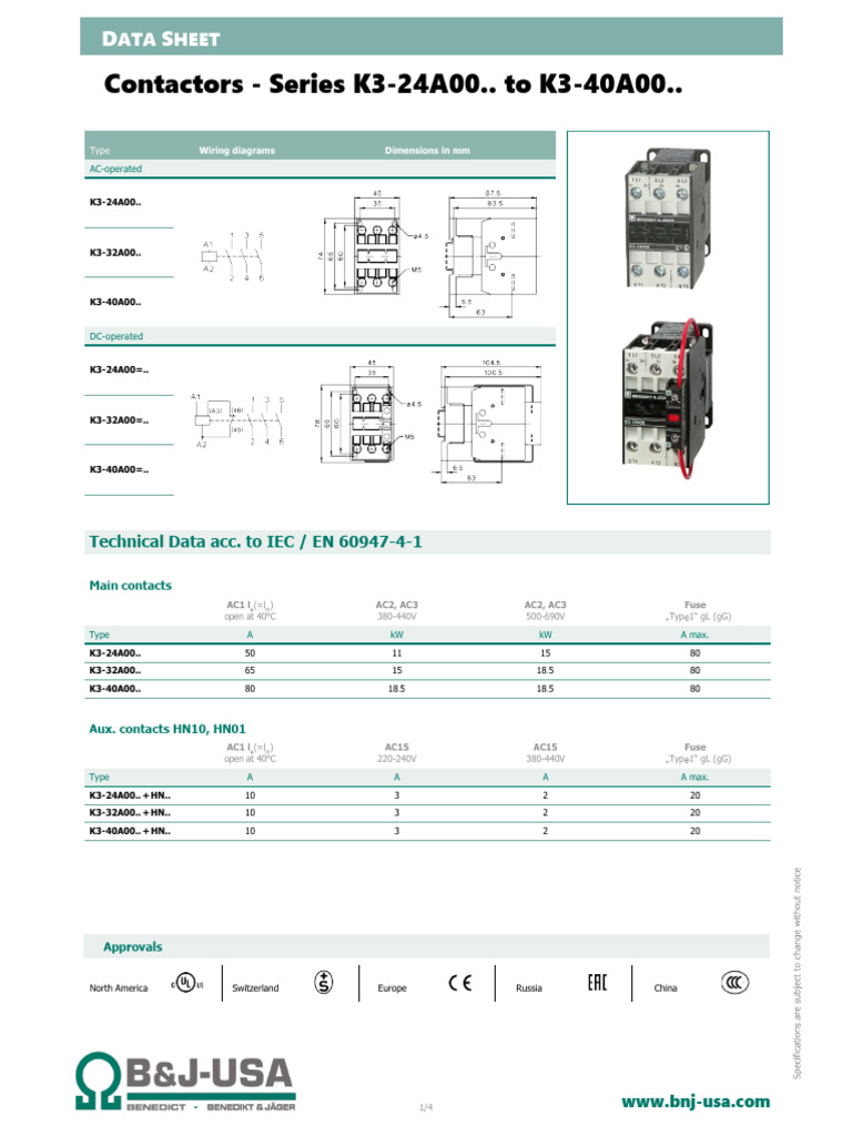 K3 Contactors Technical Data Sheet | PDF | Electric Power ...
