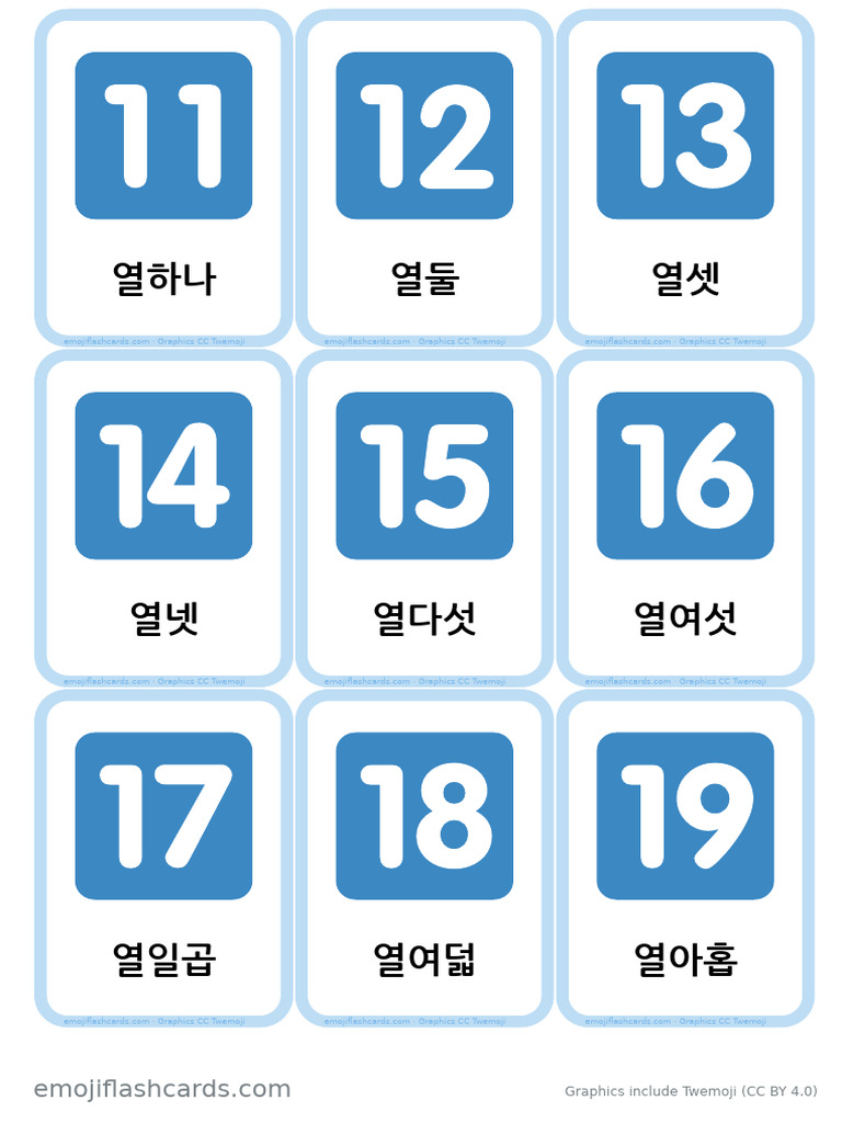 Korean Numbers 11 20 Small A4 Flashcards | PDF