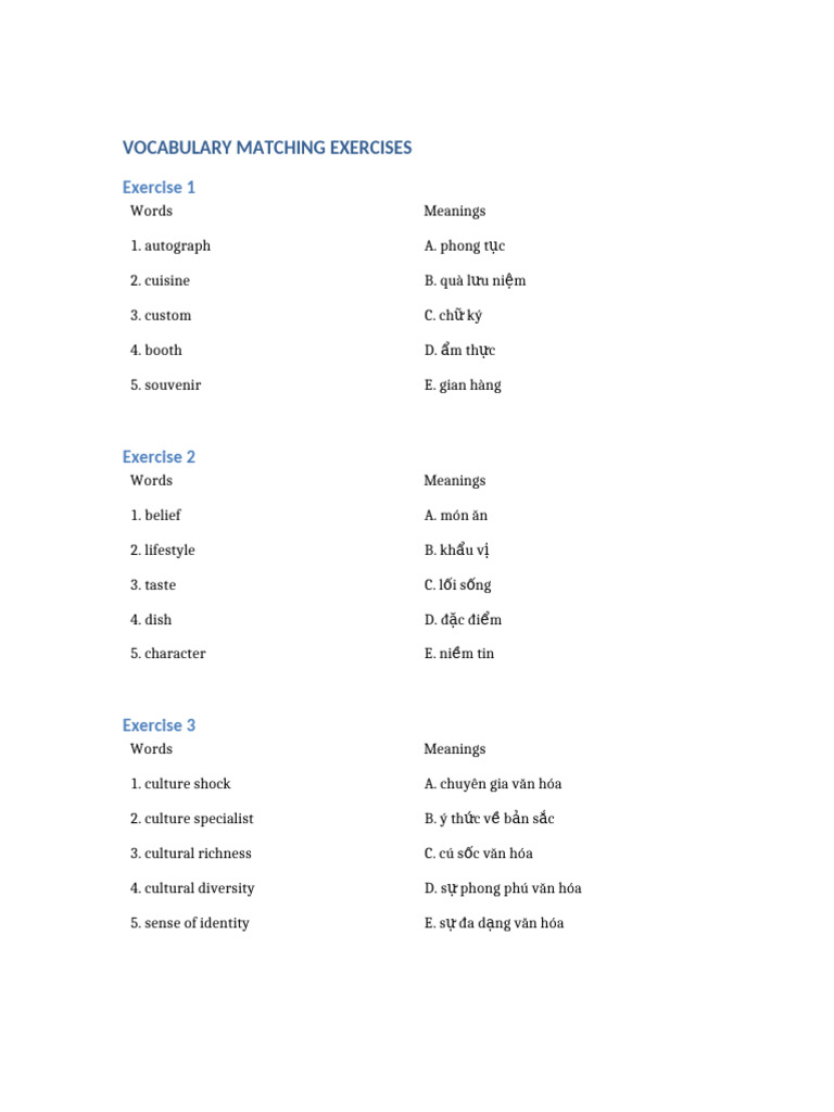 Vocabulary Matching Exercises | PDF