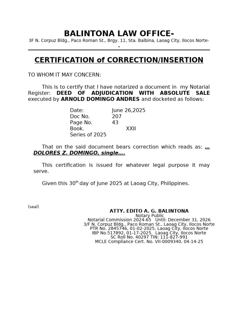 Certification of Correction - Arnold Domingo Andres New | PDF