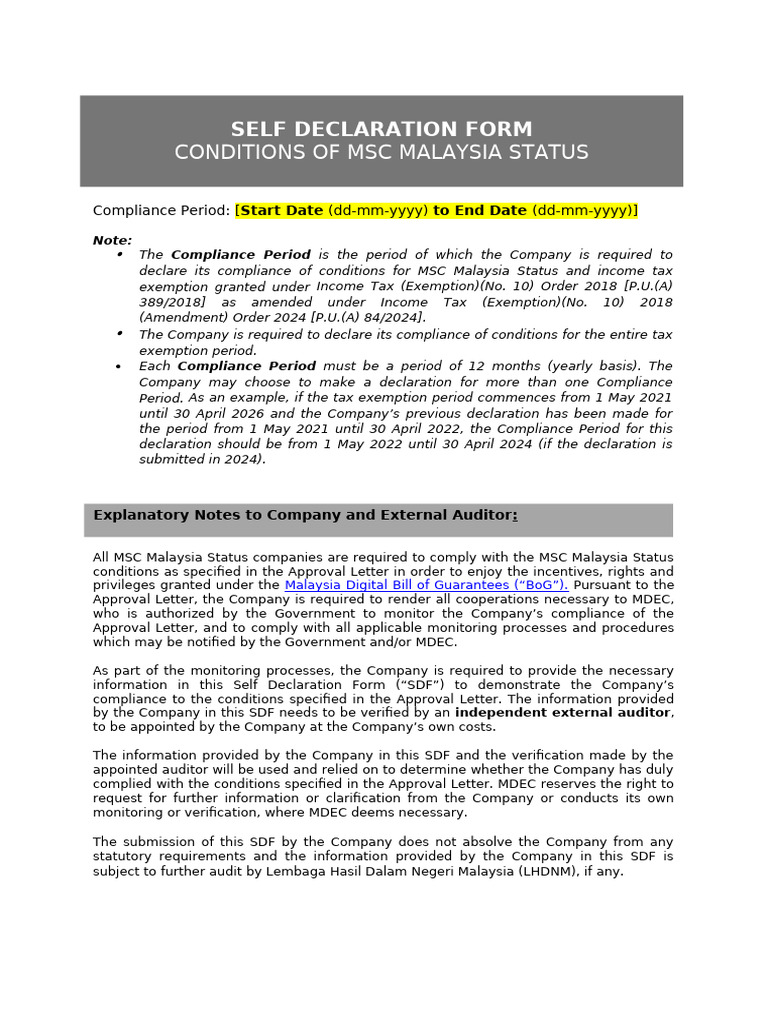 MSC Malaysia Tax Self-Declaration Form | PDF | Taxes | Tax Exemption