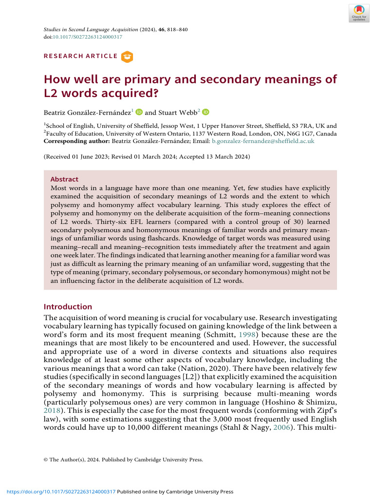 How Well Are Primary and Secondary Meanings of l2 Words Acquired | PDF ...