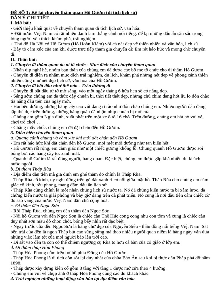 Văn 8 - kể Chuyến Đi Tham Quan Hồ Gươm | PDF