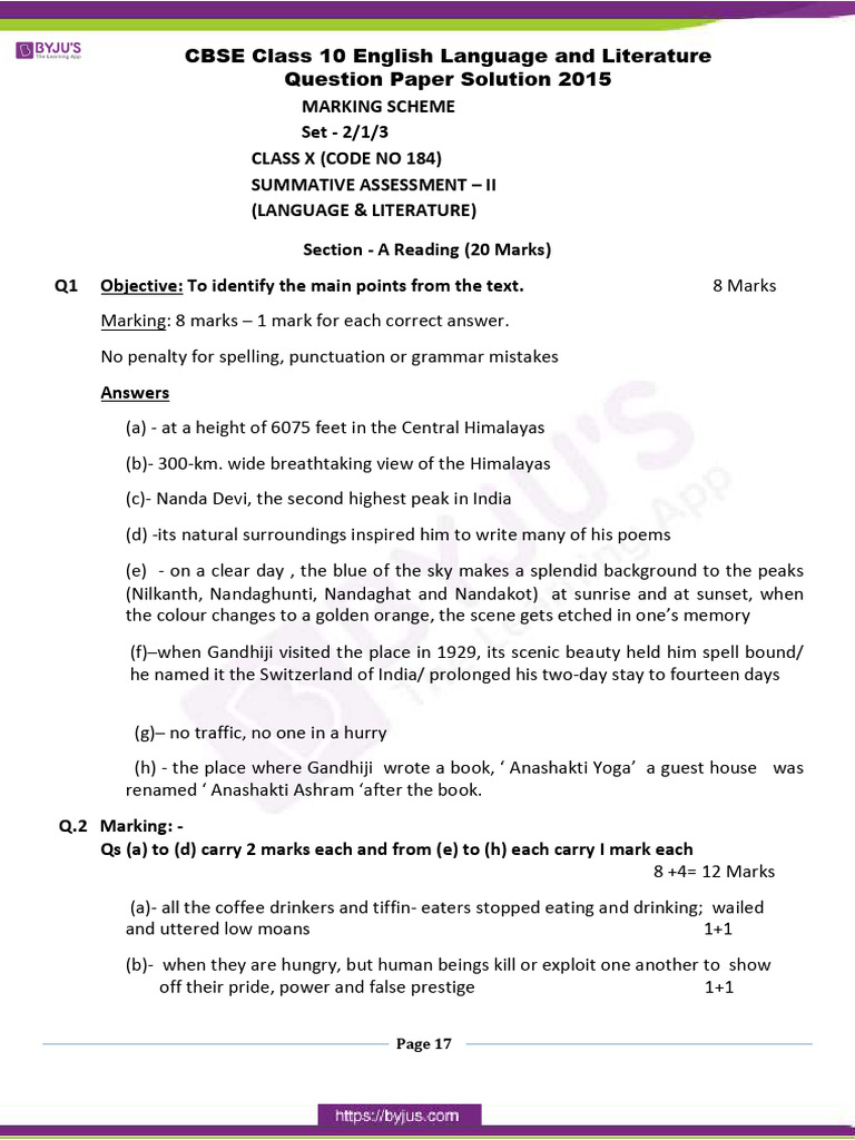 CBSE Class 10 English Language and Literature Previous Year Question ...