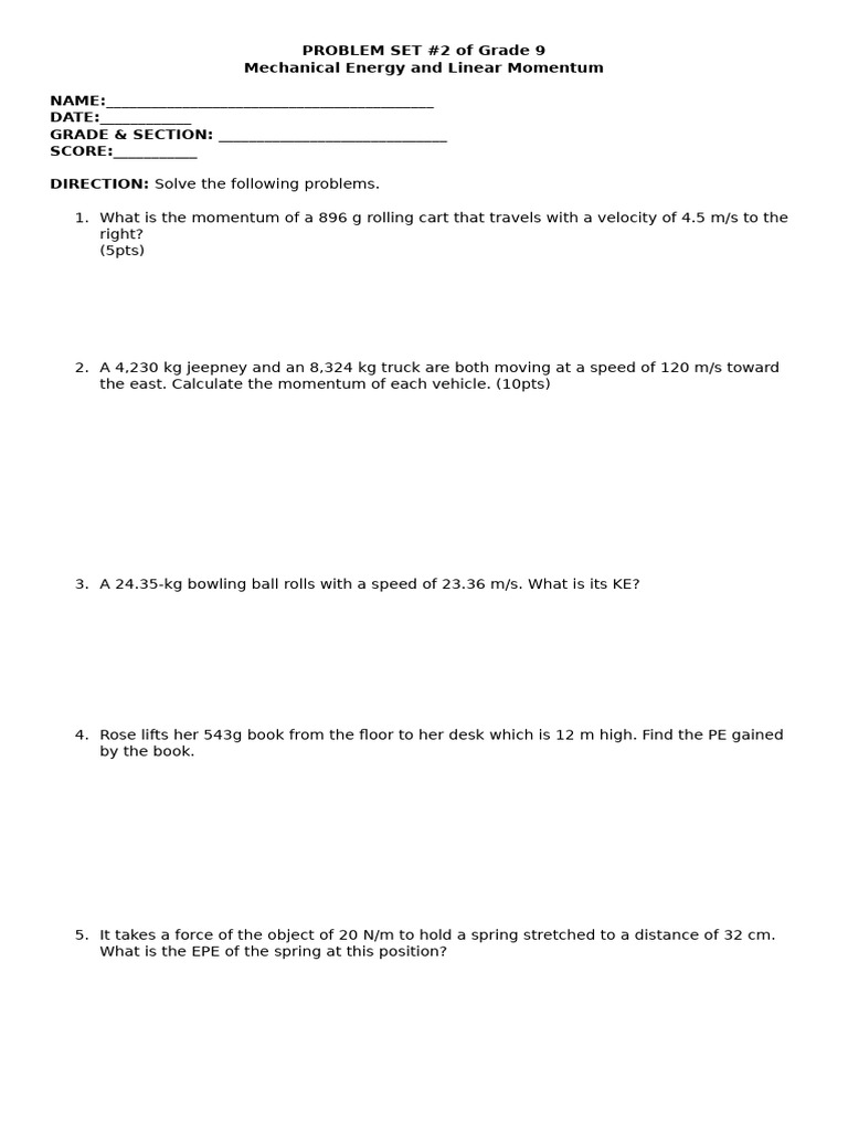 Grade 9 Mechanical Energy & Momentum Problems | PDF