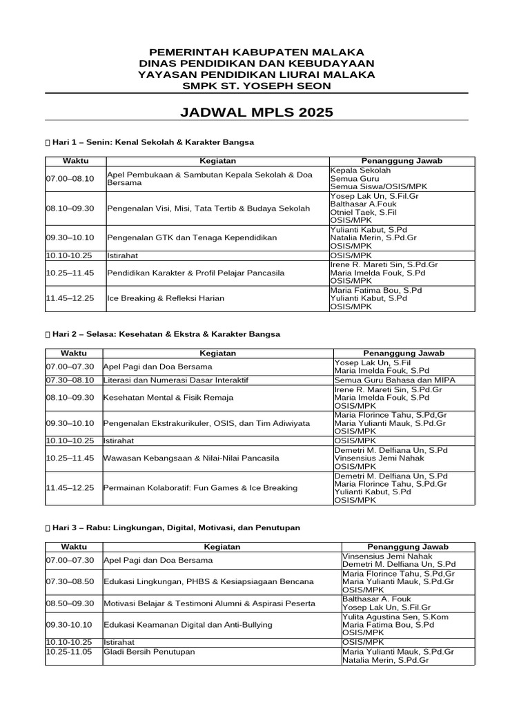 Jadwal MPLS SMPK St. Yoseph 2025 | PDF