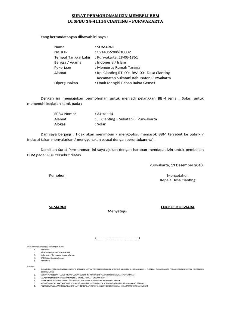 Surat Permohonan Izin Membeli BBM | PDF